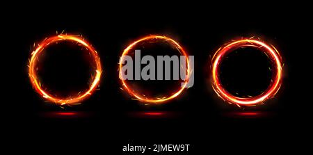 Round frames with fire. Burning rings with flame, glow effect and ...