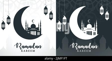 islamic greeetings ramadan kareem card design with lanterns and ...