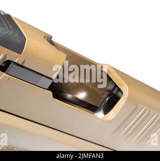 Empty semi-automatic pistol chamber that is isolated on white Stock ...