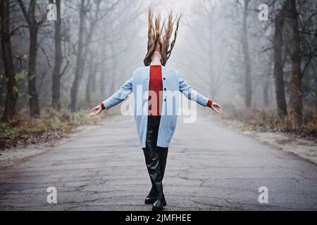 Nervous breakdown, mental breakdown. Exited woman with long fluttering ...