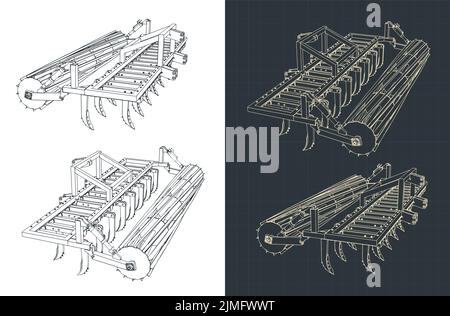 Stylized vector illustration of blueprints of cultivator with roller ...