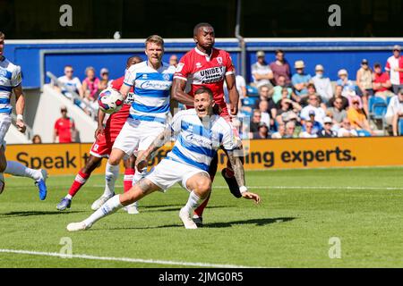QPR's Lyndon Dykes heads QPR 3-0 up & celebrates with team mates during ...