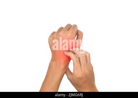 Asian young man scratching his hand. Concept of itchy skin diseases ...