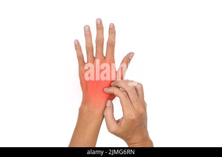 Asian young man scratching his hand. Concept of itchy skin diseases ...