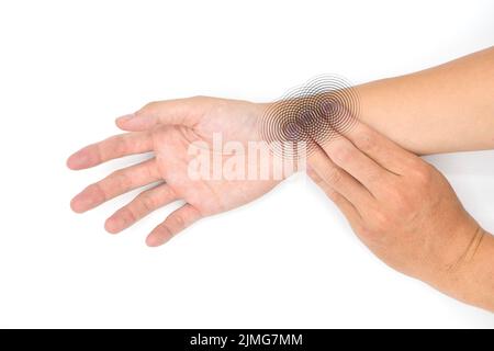 Self-examination of pulsation. Counting pulse rate in home Stock Photo ...