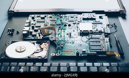 Desktop with broken disassembled laptop. Electronic parts of pc ...