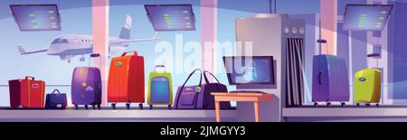 Airport conveyor belt with baggage riding through scanner. Luggage xray ...