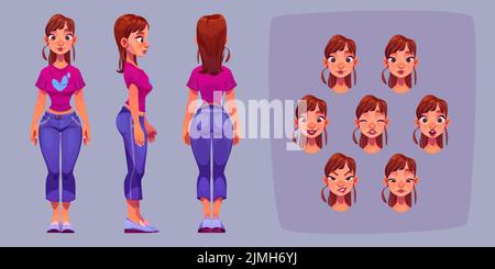 Girl character for animation, side, rear, front view and emotions ...