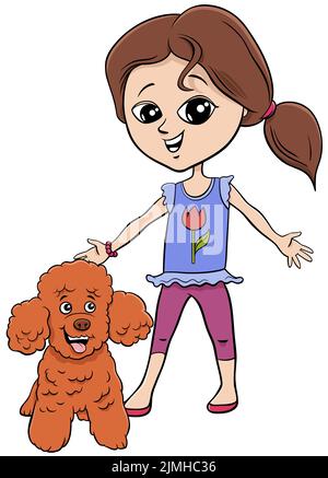 Cartoon girl with poodle dog character coloring book page Stock Photo ...