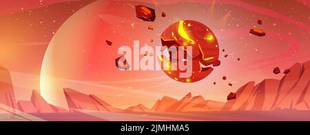 Asteroid or meteorite explosion above planet surface. Vector cartoon ...