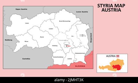 Styria state administrative map. Isolated map with labels, Austria ...