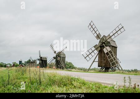 A windmill line in the Scandinavia, Lerkaka vaderkvarnar Oland, Sweden ...