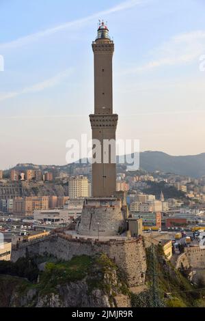 Liguria, Genoa. The port and the Lantern Tower, the lighthouse symbol ...