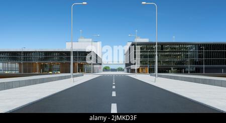 Roadside street view with office buildings background Stock Photo - Alamy