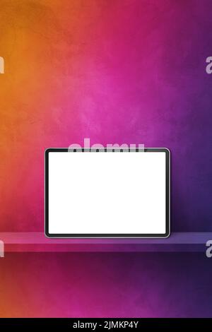 Digital tablet pc on rainbow wall shelf. Vertical background banner ...