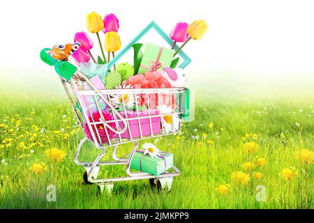 Mini shopping cart with colorful flowers and butterflies Stock Photo ...