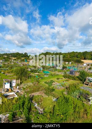 Gardening on an allotment. An aerial view of a greenhouse and plants ...