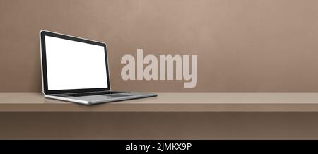 Laptop computer on brown shelf background banner. 3D Illustration Stock ...