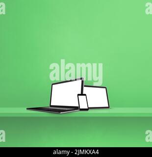 Laptop computer on green shelf. Square background. 3D Illustration ...