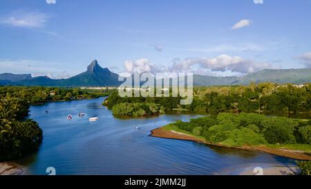 fishing boats resting at tamarin bay, Mauritius island, indian ocean ...