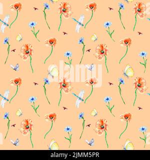 Meadow blue. red flowers with dragonfly watercolor illustration ...