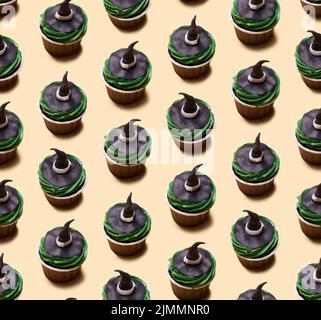 Seamless pattern of Halloween treat maffin decorated witch hats. Happy ...