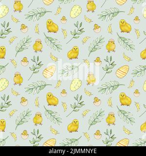 Seamless pattern with cute little chickens. Hand-drawn watercolor ...