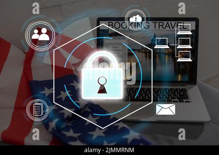 Virtual creative lock symbol and microcircuit illustration on USA flag ...