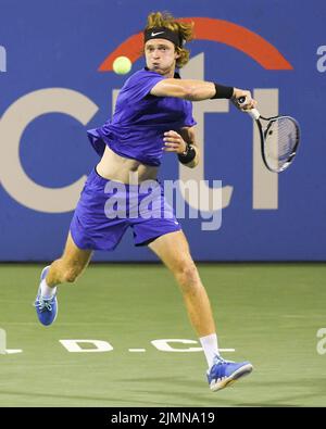 Andrey Rublev hits a forehand during practice at the 2023 US Open ...