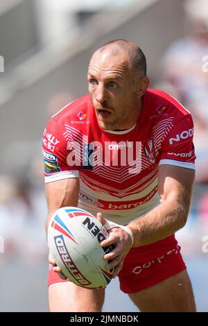 James Roby #9 of St Helens lifts the Grand Final Trophy and celebrates ...