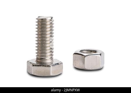 Side view of metal screw and nut isolated on white background with ...