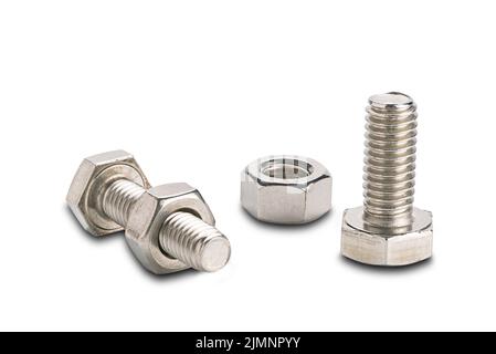 Side view of stainless steel screws and nuts isolated on white ...