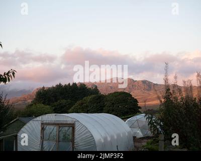 Lake District view, dusky pink clouds at sunset, greenhouse Stock Photo ...