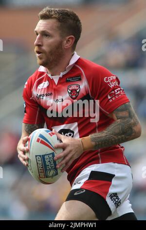 Salford Red Devils Marc Sneyd celebrates his try during the Betfred ...
