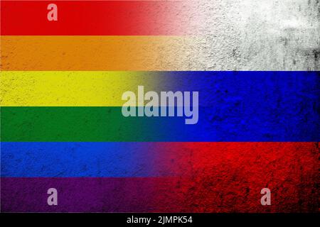 National flag of Russian Federation with Rainbow LGBT pride flag. Grunge background Stock Photo ...