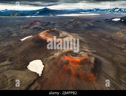 Aerial view of spectacular red volcano crater in central of highlands ...
