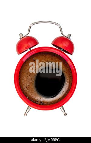 Retro red alarm clock with black coffee in middle. Coffee time concept ...