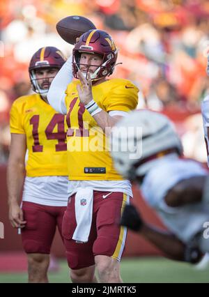 Washington Commanders quarterback Carson Wentz warms up before a NFL ...
