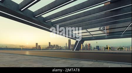Perspective view of empty road and modern rooftop building with sunset ...
