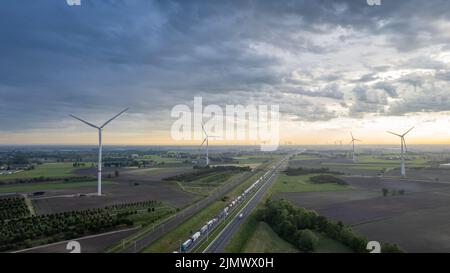Panoramic aerial drone view of wind farm or wind park, with high wind ...