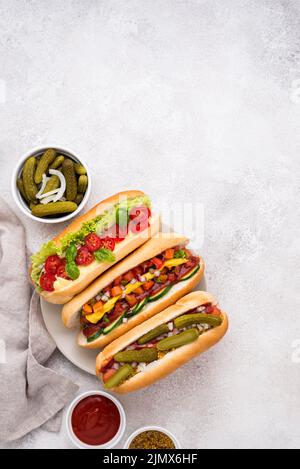 Homemade Hot Dog with fresh vegetables on rustic wooden background ...