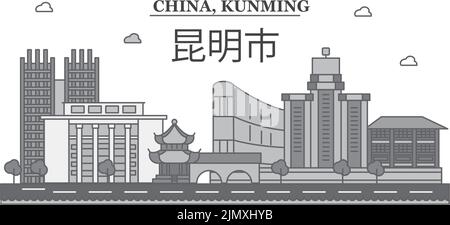 China, Kunming architecture line skyline illustration. Linear vector ...