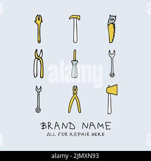 Saw, wire cutters, adjustable wrench, hammer, screwdriver, ax in trendy ...