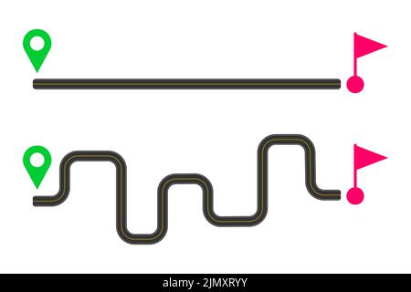 Concept of short, straight path and long way, winding path. Top view on ...