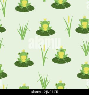 Frog seamless pattern. Repeating cute frogs and aquatic plants baby ...