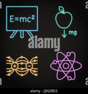 Physics neon icon set in line style. Electric circuit scheme, magnetic ...