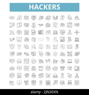 Hackers vector line icons set. hacking, cracker, malware, virus, exploit, phishing, cryptovirus ...