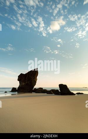 A vertical shot of the sunny Playa del Guincho with people parachuting ...