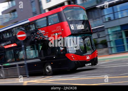 The Harrogate Bus Company number 7 service arrives at Leeds Bus Station ...