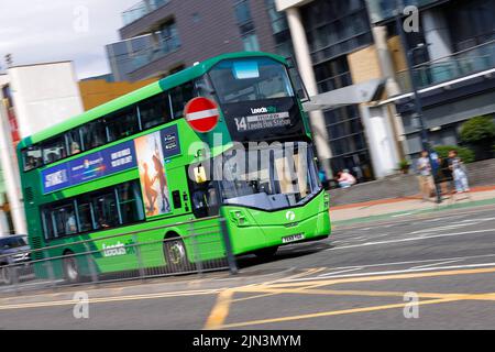 Double decker bus in Leeds City Centre operated by First Bus Company ...